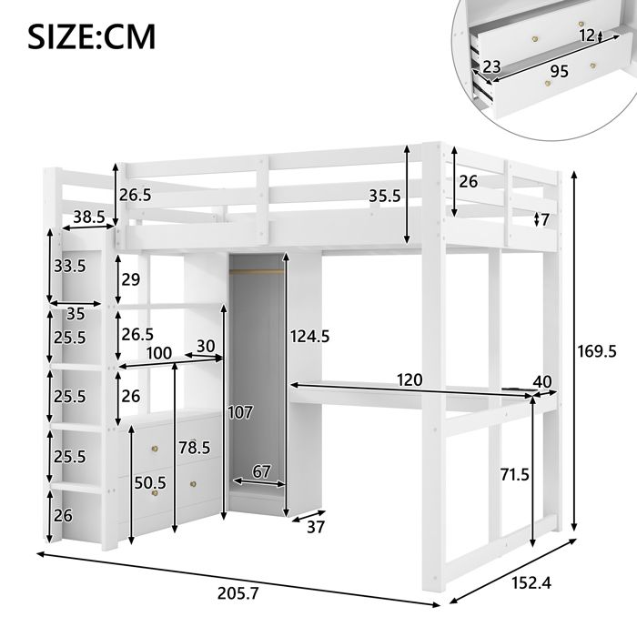 Lit mezzanine enfant 2 places 140×200 cm Lit double en bois avec bureau ...