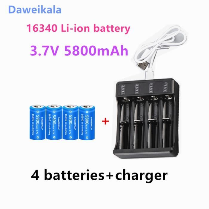 4 PIÈCES--Batterie Li-ion Rechargeable 3.7v 16340, 5800mah, Cr123a, Pour Lampe Torche, Chargeur ...