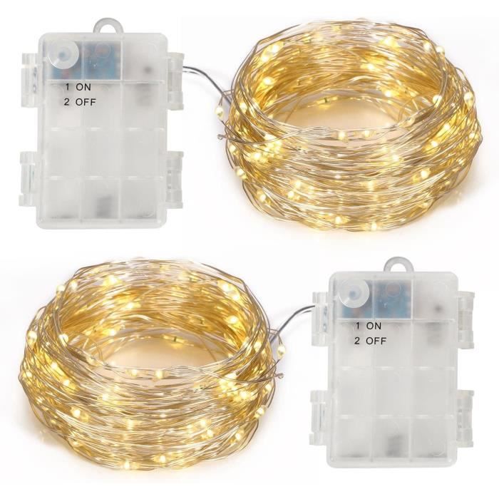 Lot De 2 Guirlandes Lumineuses 120 Led À Piles Blanc Chaud Fil De ...