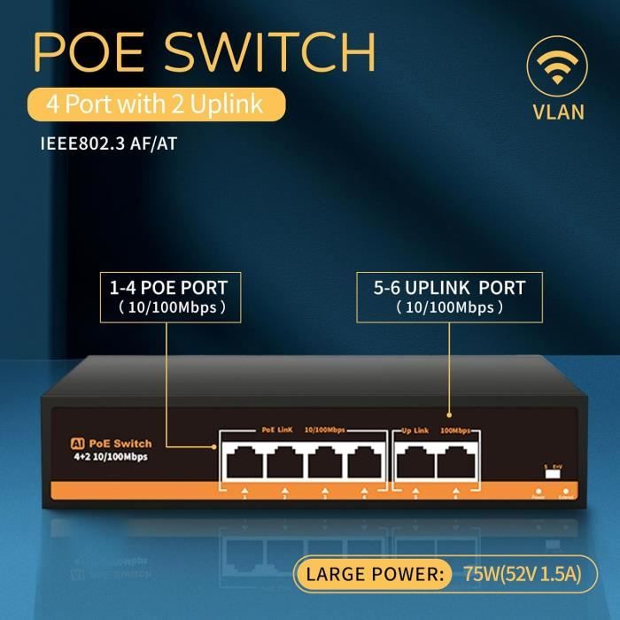 Switch Ethernet 4 Ports PoE+ avec 2 Uplink - GENERIC - Montage Mural en ...