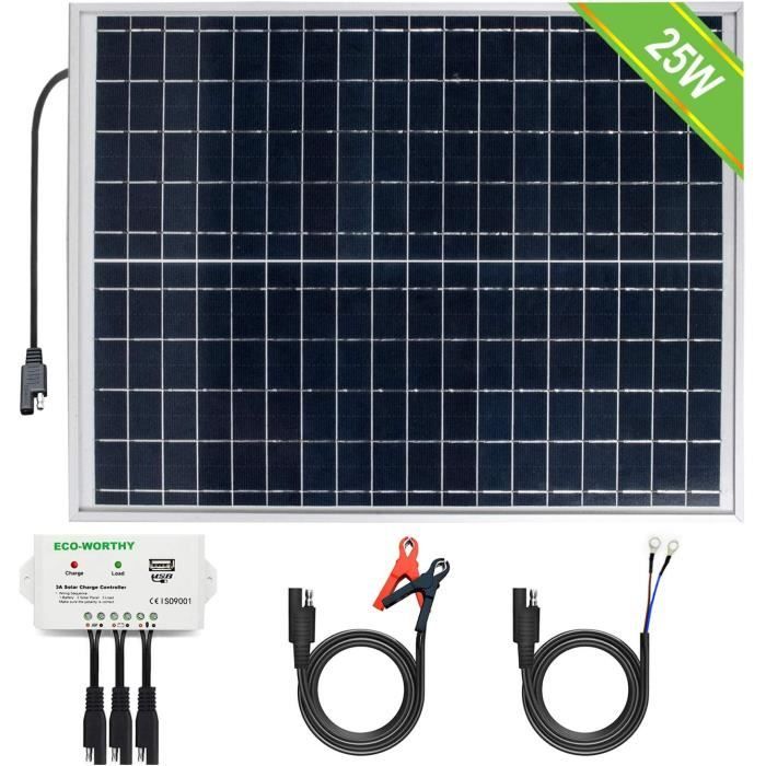 ECO-WORTHY 25W 12V Kit Panneau Solaire: 1 Panneau Solaire 25W + 1 Contrôleur 10A + 2 Câbles d ...