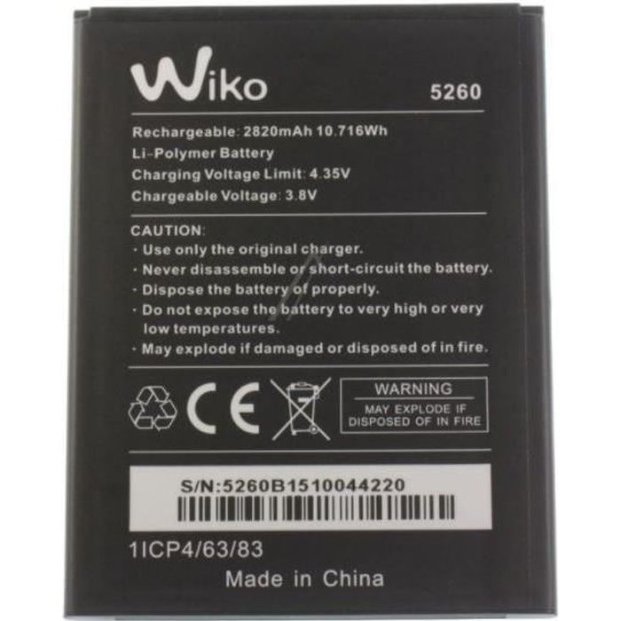 ORIGINAL Batterie Wiko type 5260 2820mAh 10,716Wh 3,8V pour Wiko Ridge ...