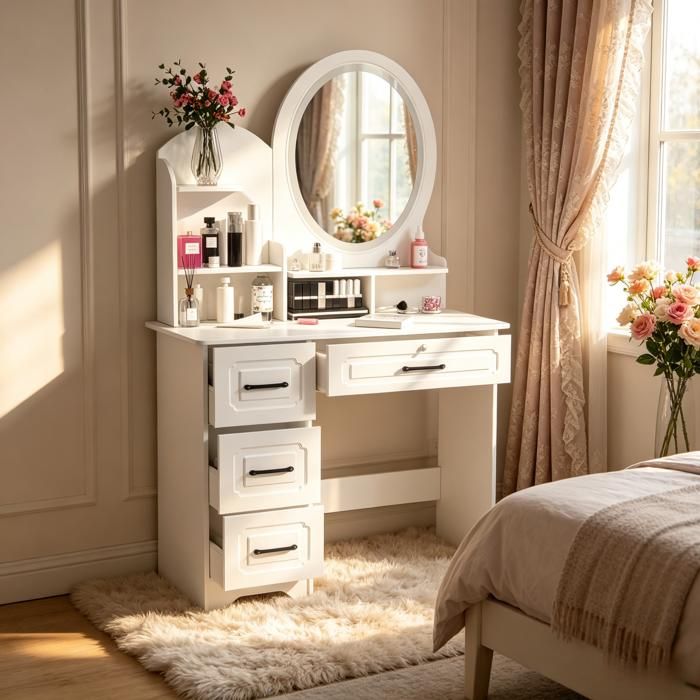 Coiffeuse - Table de Maquillage avec 4 Tiroirs et 6 Compartiments - 3 ...