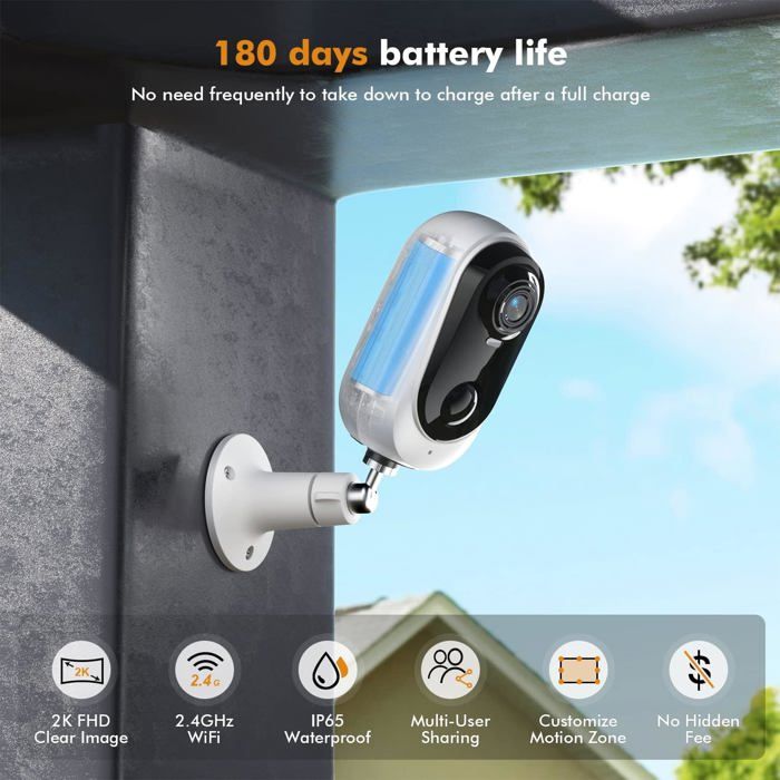 2K Camera Surveillance WiFi Exterieure sans Fil Batterie 3MP Caméra ...