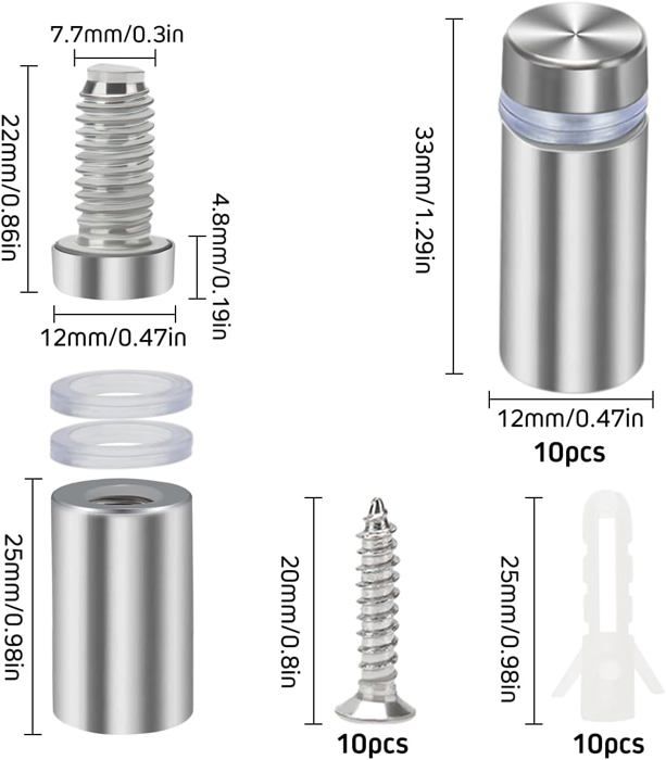 10 Pièces Vis Publicité en Acier Inoxydable, Verre Standoff Fixations ...