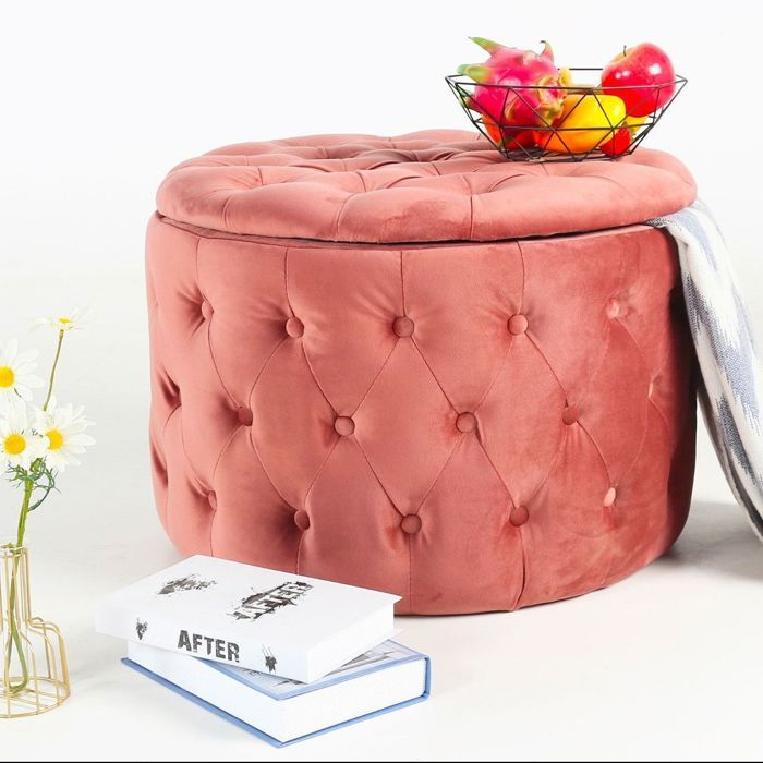 Pouf coffre rond Salvina en velours capitonné Rose - Cdiscount Maison