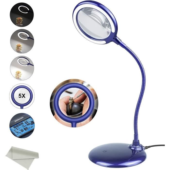 Lampe loupe rechargeable à intensité variable 5x - Mains libres avec lumière et support 28 LED ...