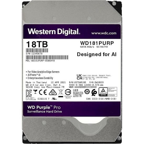 Wd Purple Pro 18 To Disque Dur Interne 3.5" Dédié Vidéosurveillance ...