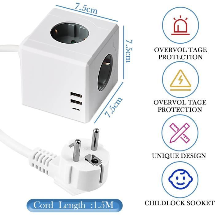 Cube Multiprise avec USB, 3 Prises (16 A-4000 W), Multiprise sans Câble avec 2 USB avec 1 USB C ...