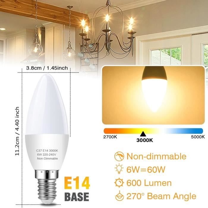 Ampoules Led E14, Led E14 Bougie Ampoule, Blanc Chaud 3000K, 6W 600Lumens, Équivalent À 60W ...