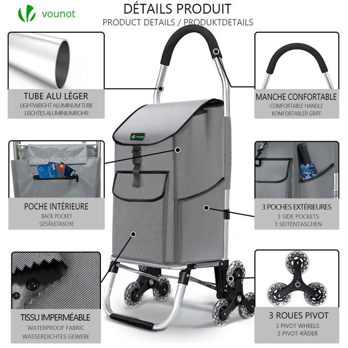 VOUNOT® Chariot de courses 2 en 1 pliable aluminium - caddie et diable ...