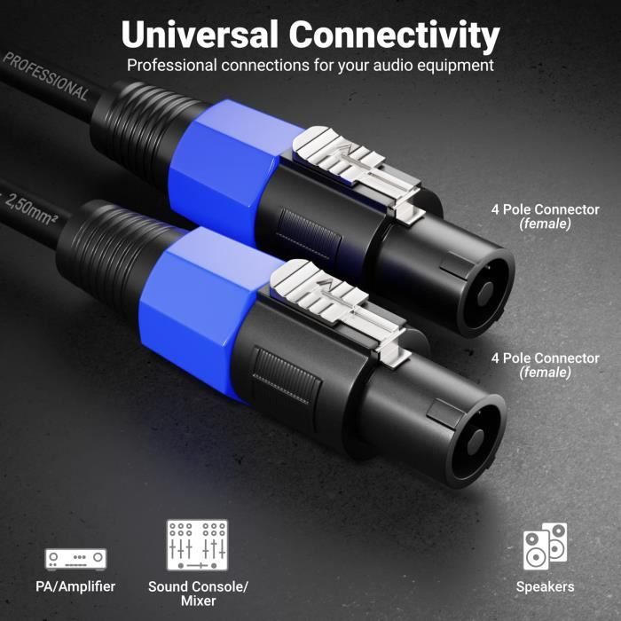 DELEYCON Câble haut-parleur PA 10 m Cuivre OFC 2x2,5 mm² (AWG13) Noir ...