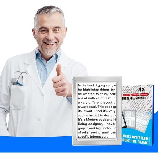 Loupe de Lecture Mains Libres avec lère, Grande loupe 4X rectangulaire Pleine Page avec 50 LED ...