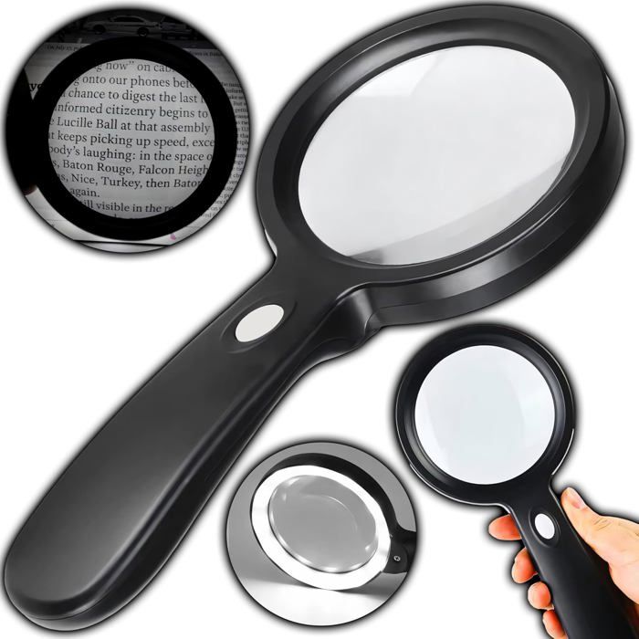 Retoo Loupe de lecture avec 18 LED, grossissement x10, 3 modes d'éclairage, loupe à main pour ...