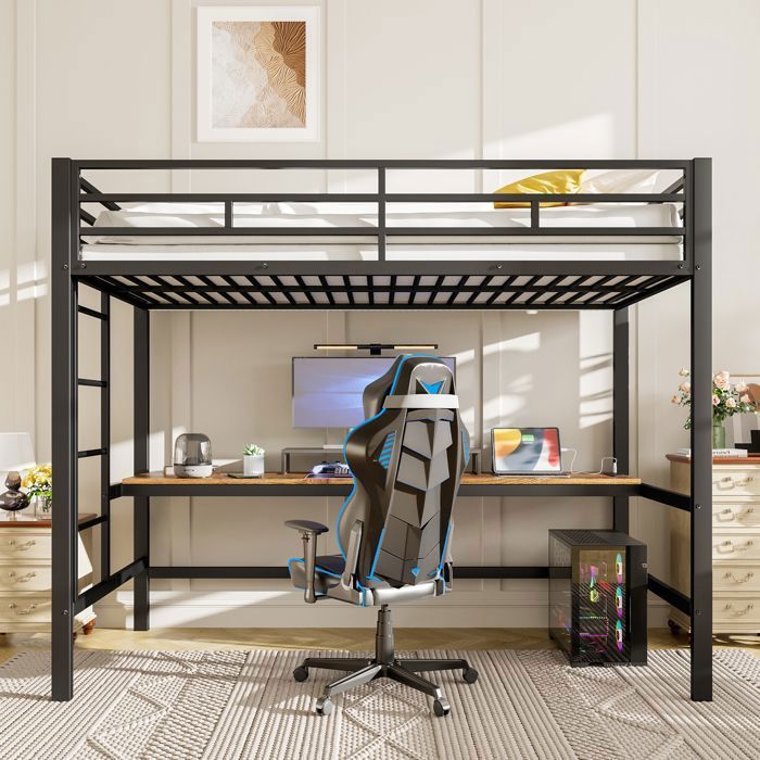 Lit Mezzanine Métal 90x200 avec Bureau Gaming, LED, Prise + USB & Type ...
