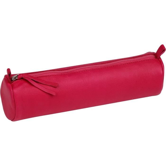 Trousse Scolaire Ronde Framboise Ø5,5X22 Cm En Véritable Cuir D'Agneau ...