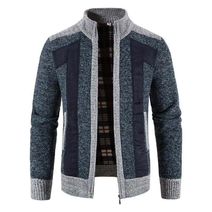 Gilet Zippé Homme Chaud Doublé Polaire Cardigan en Tricot Epais Manches ...