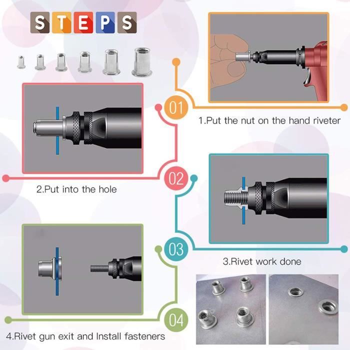 FAN-crou à rivets à tête plate Kit D'écrous à Rivets 180 Pièces M3 M4 M5 M6 M8 M10 304 écrous à ...