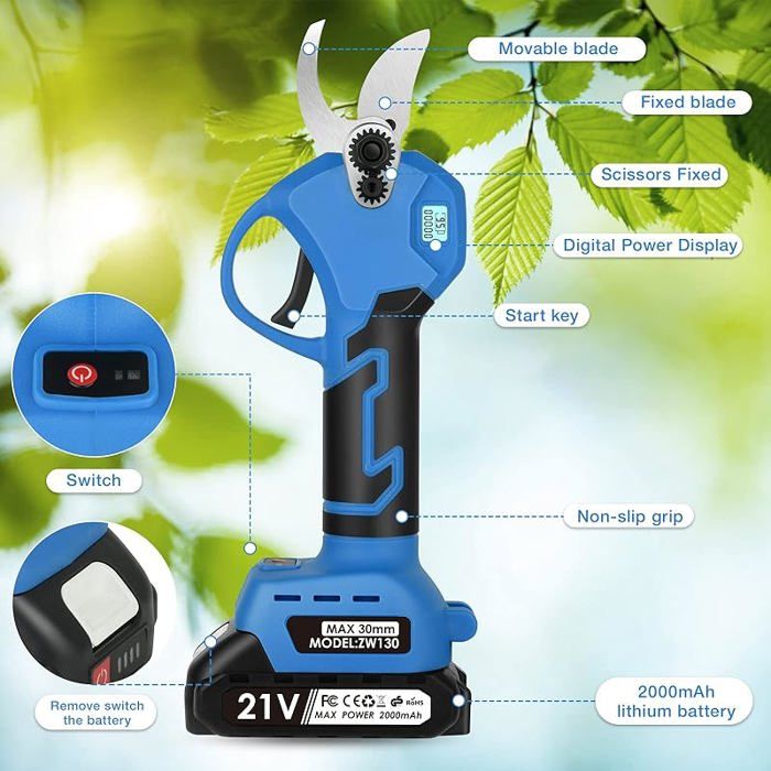 Electric Secateur with 30 mm Screen: Rechargeable Battery Pruner 2 x ...