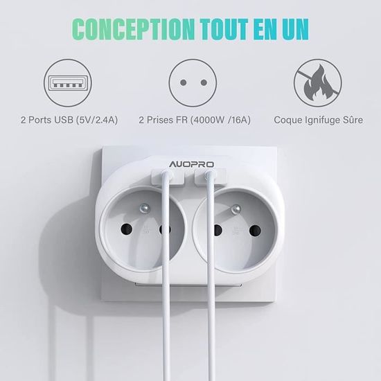 Prise USB Multiple 4 en 1, Multiprise USB Secteur avec 2 Prises FR ...