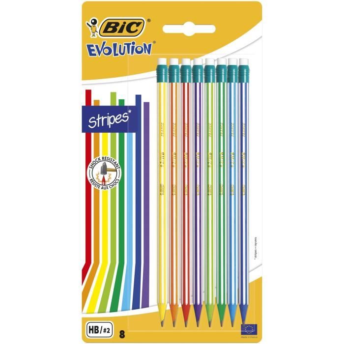 BIC Evolution Stripes avec Gomme Crayons à Papier HB avec Gomme Intégrée - Couleurs Assorties ...