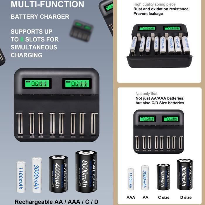 LUCKYLY-8 Slots Chargeur AA AAA Piles C D Batterie rechargeable ...