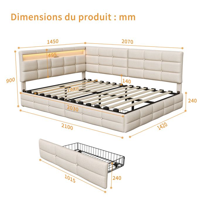 Canapé lit avec Tête de lit convertible, éclairage LED et Prise USB ...