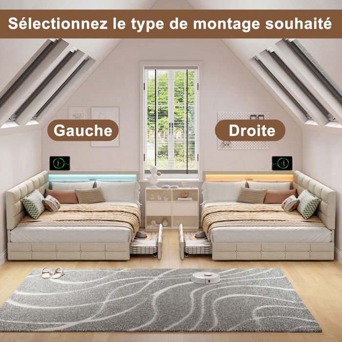 Canapé lit avec Tête de lit convertible, éclairage LED et Prise USB ...