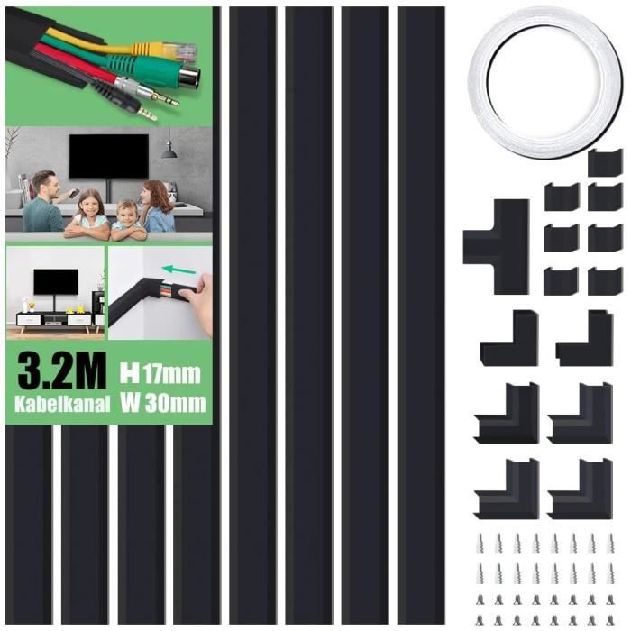 Lot de 8 cache-câbles adhésifs en pvc noir 320 cm au total, 40 x 3 cm x ...