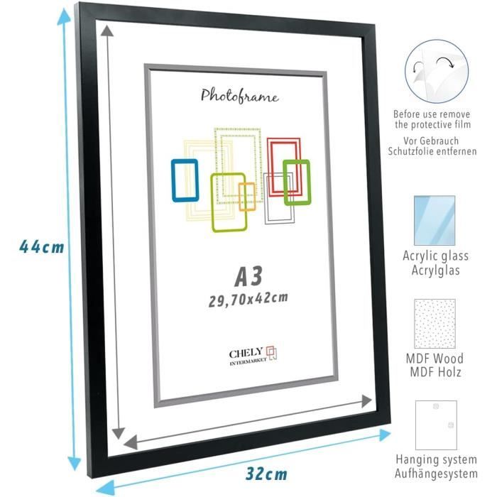 | Cadre Photo A3 Mod-296 (Paquet 3 Unités - Noir) | Fabriqué En Bois, Largeur Du Cadre 1,5Cm ...