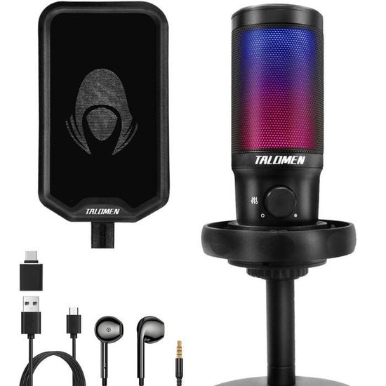 Talomen, Microphone Gaming pour PC PS4 PS5, Podcast, Streaming, Studio, avec RGB, Bouton de Mise ...