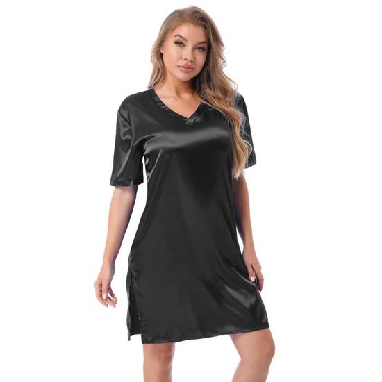 Iiniim Robe Pyjama Femme Chemise de Nuit Satin Col V Robe de Nuit ...
