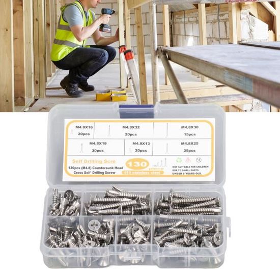 YOSOO Vis cruciforme à tête plate Vis autoperceuses, 130PCS M4.8 Kit d'assortiment de vis à tête ...