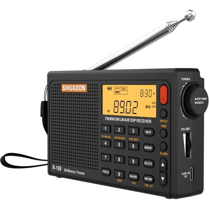 Radio Portable SIHUADON R108 FM AM MW SW Multibande Poste Radio à Ondes avec Affichage du Temps ...