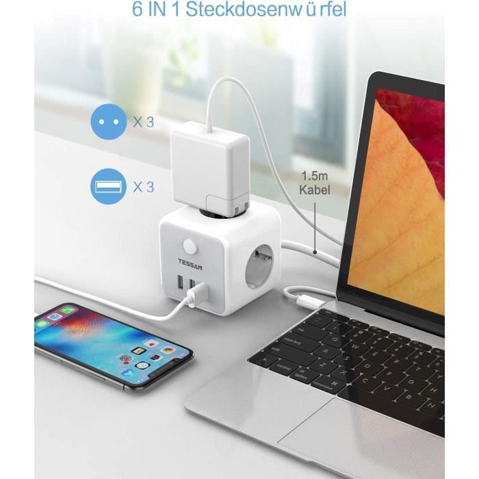 Multiprise USB Cube avec 3 Prises und 3 Ports USB, Multiprises ...