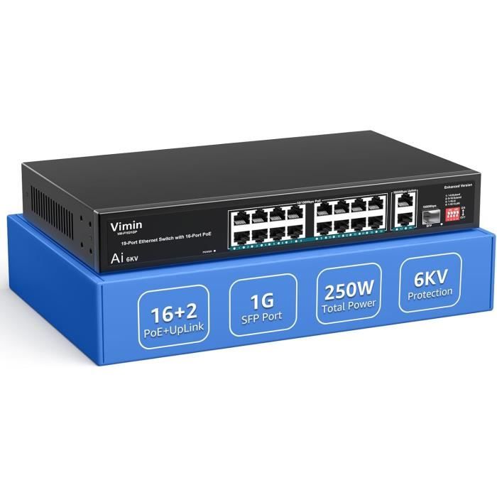 Switch PoE 16 Ports - GENERIC - VIMIN - 2 Ports Gigabit Uplink - 1 Port SFP - AI Watchdog ...
