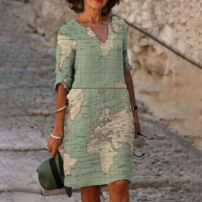 ROBE Femmes Robe Carte Imprimer V Cou Spring Spring Automne Vintage ...