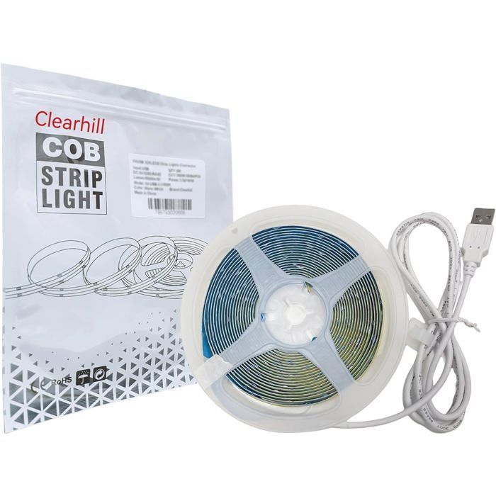 Ruban LED COB 5V Clearhill 16.4FT Bleu Glacé 320LEDs/m Flexible pour ...