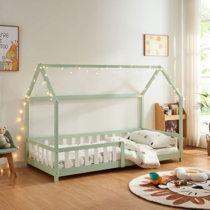 Lit cabane Hesel pour enfants bois de pin 90 x 200 cm vert menthe ...
