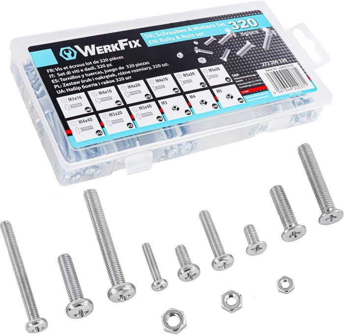 Coffret Vis et Boulons Écrous 320 pièces. Assortiment Vis M3 M4 M5 à tête plate et ronde. 9 ...