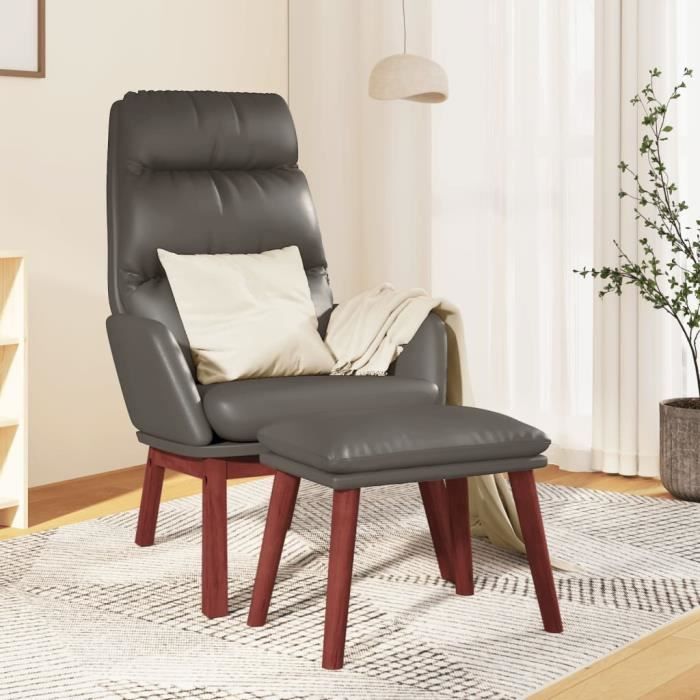 RAI Chaise de relaxation et tabouret Gris Cuir véritable/similicuir ...