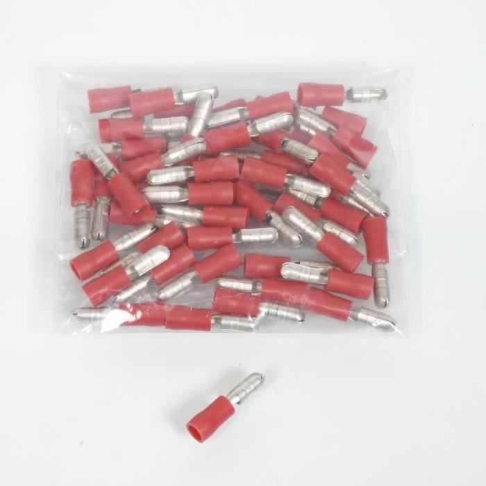 50 cosse fiche électrique ronde mâle Ã˜4mm avec isolant rouge 0.5-1 ...