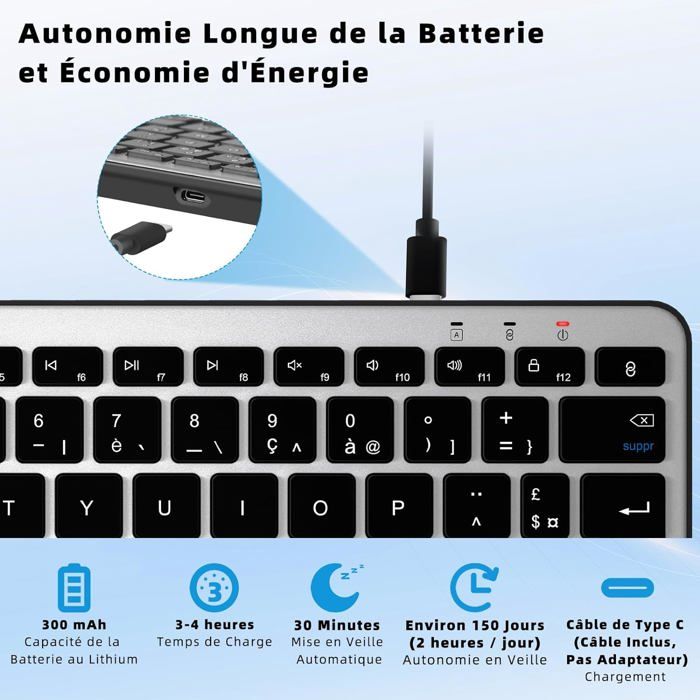 Clavier sans Fil Bluetooth, Mini Clavier AZERTY Français, Clavier Léger ...