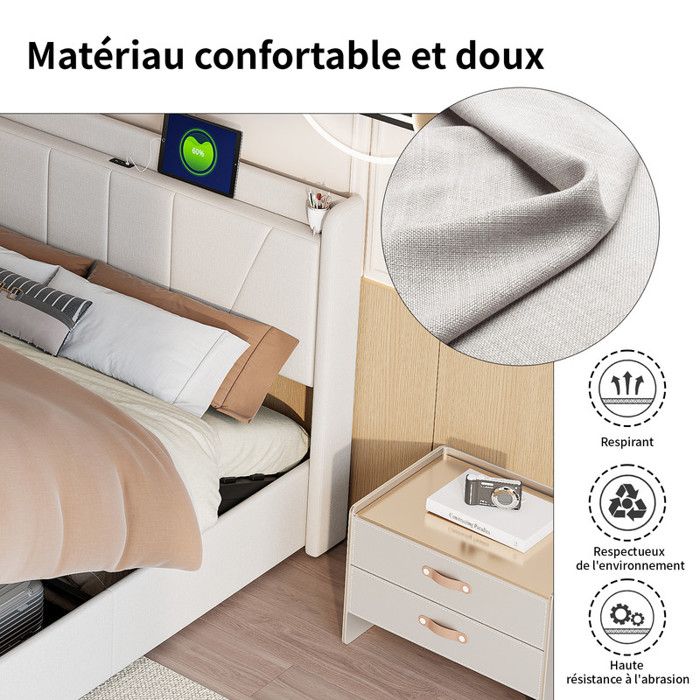 Lit coffre 160x200 cm - Beige - Tissu lin doux - Sommier inclus ...