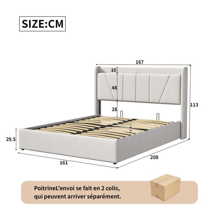 Lit coffre 160x200 cm - Beige - Tissu lin doux - Sommier inclus ...