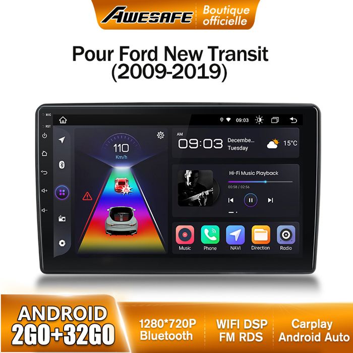 AWESAFE Autoradio Android 13 2Go+32Go pour Ford New Transit (2009-2019) 9'' Écran avec Carplay ...