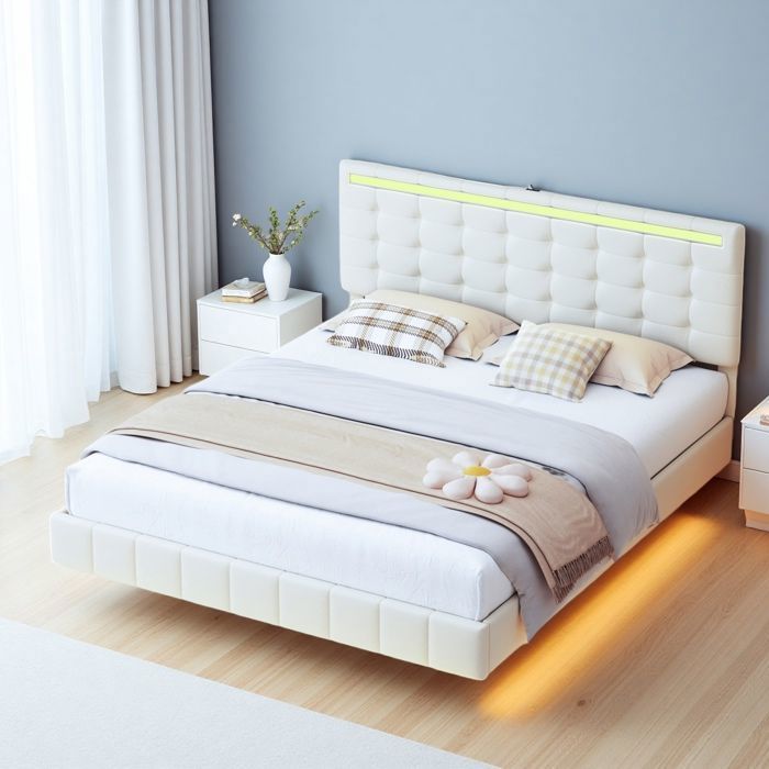 Lit Flottant LED 160x200 avec USB & Tête Réglable - Lin Naturel ...