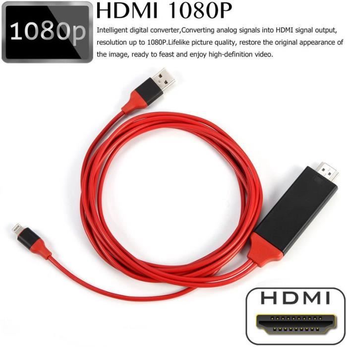 HDMI Câble Adaptateur Lightning 8pin vers HDMI Rouge 2 M Ultra HD 1080P ...