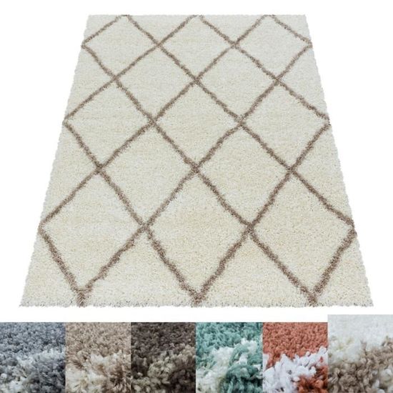 Tapis shaggy au design scandinave en losanges tapis poil long pour le salon Couleur: Crème ...