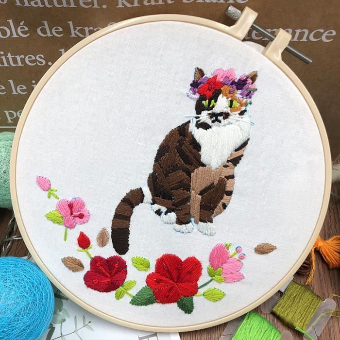 Support à broder,Kits de fils de tissu de broderie chat mignon débutant ...